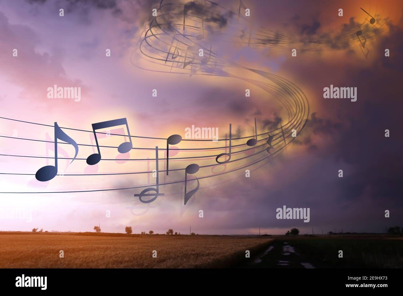 View of beautiful stormy sky with flying music notes Stock Photo - Alamy