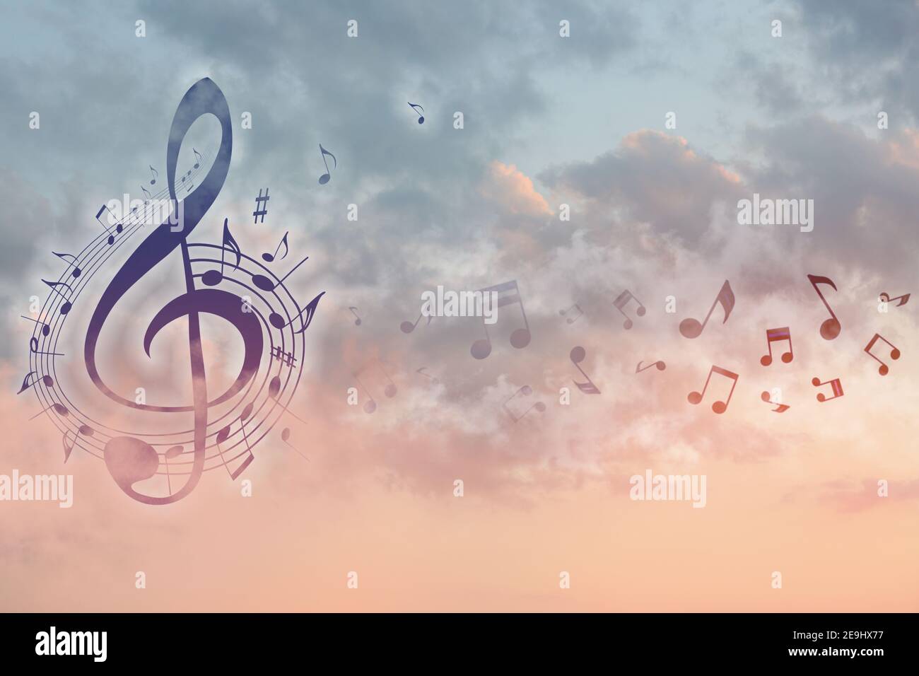 View of beautiful sky with clouds and flying music notes Stock Photo ...