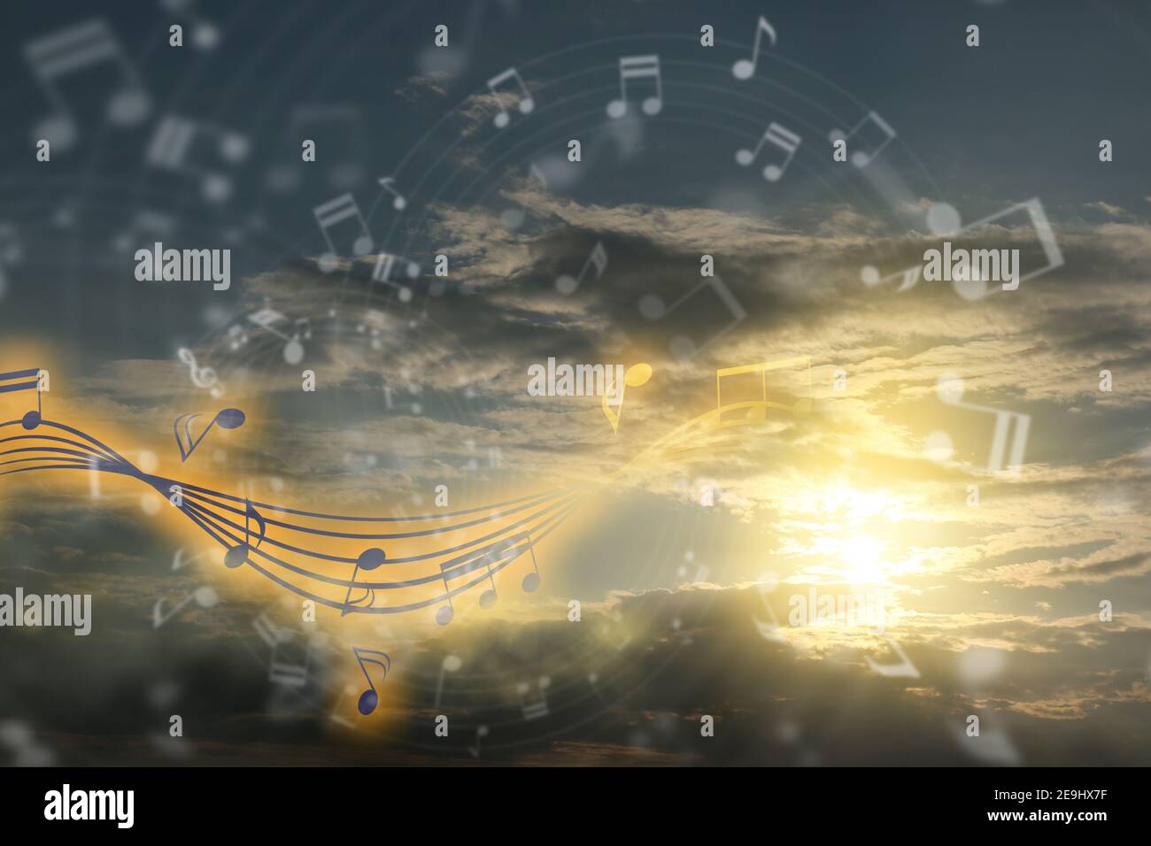 View of beautiful sky with clouds and flying music notes Stock Photo ...