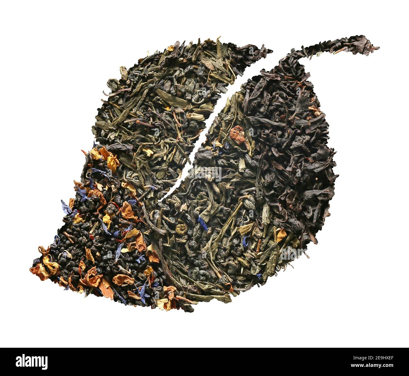 Leaf made of different types of dry tea on white background Stock Photo ...