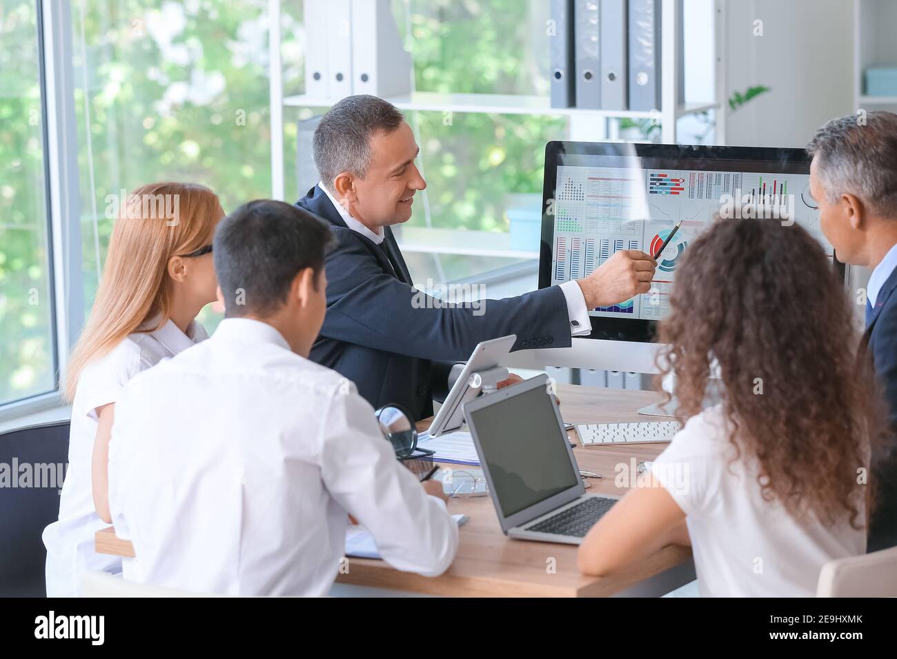 Businesswoman giving presentation female office employee or teacher ...