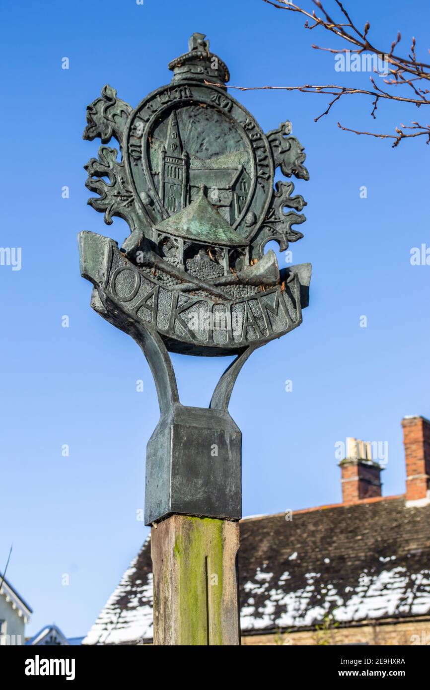 OAKHAM, RUTLAND, ENGLAND- 25 JANUARY 2021: Oakham town sign in Rutland ...