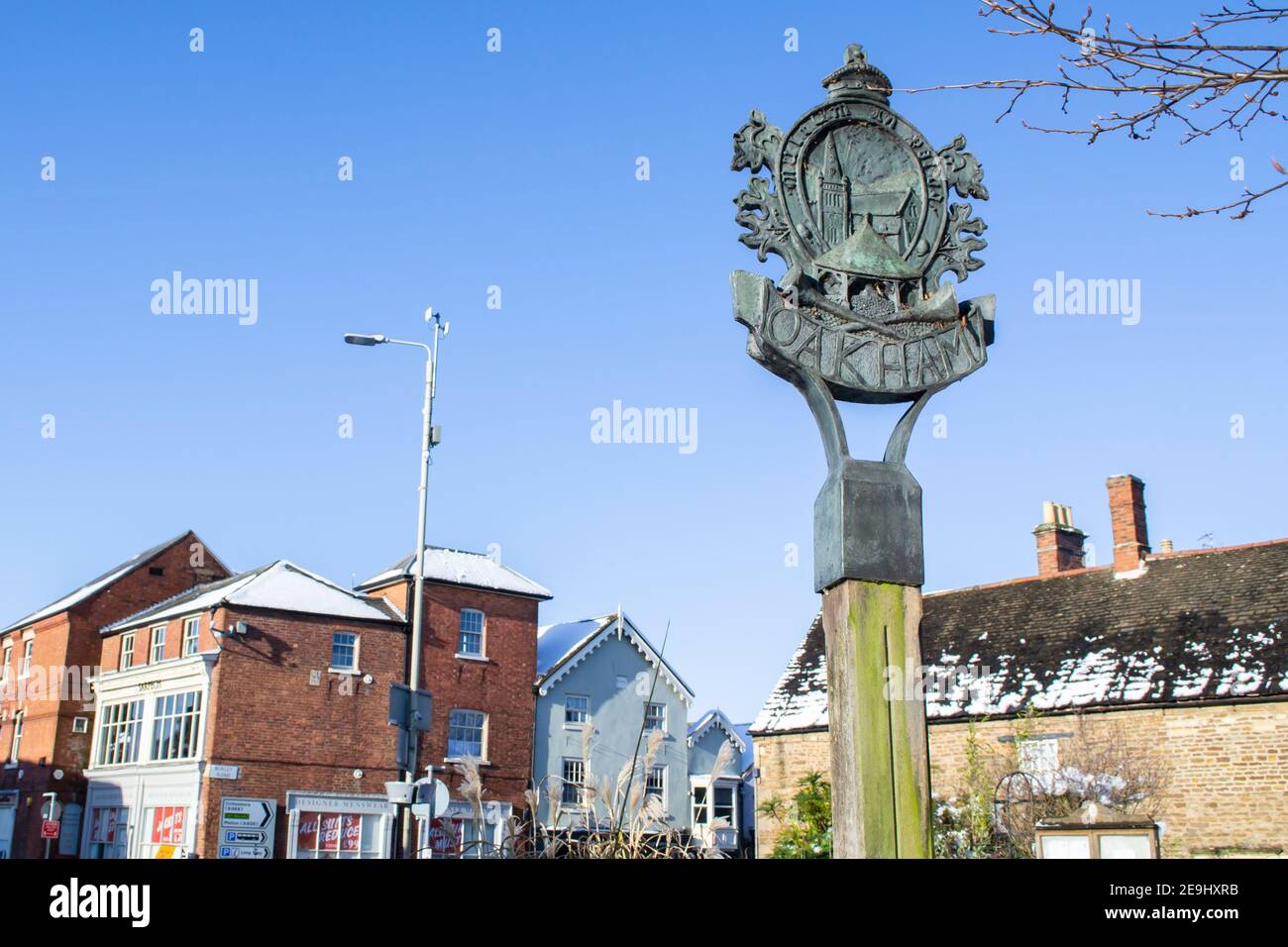 OAKHAM, RUTLAND, ENGLAND- 25 JANUARY 2021: Oakham town sign in Rutland ...