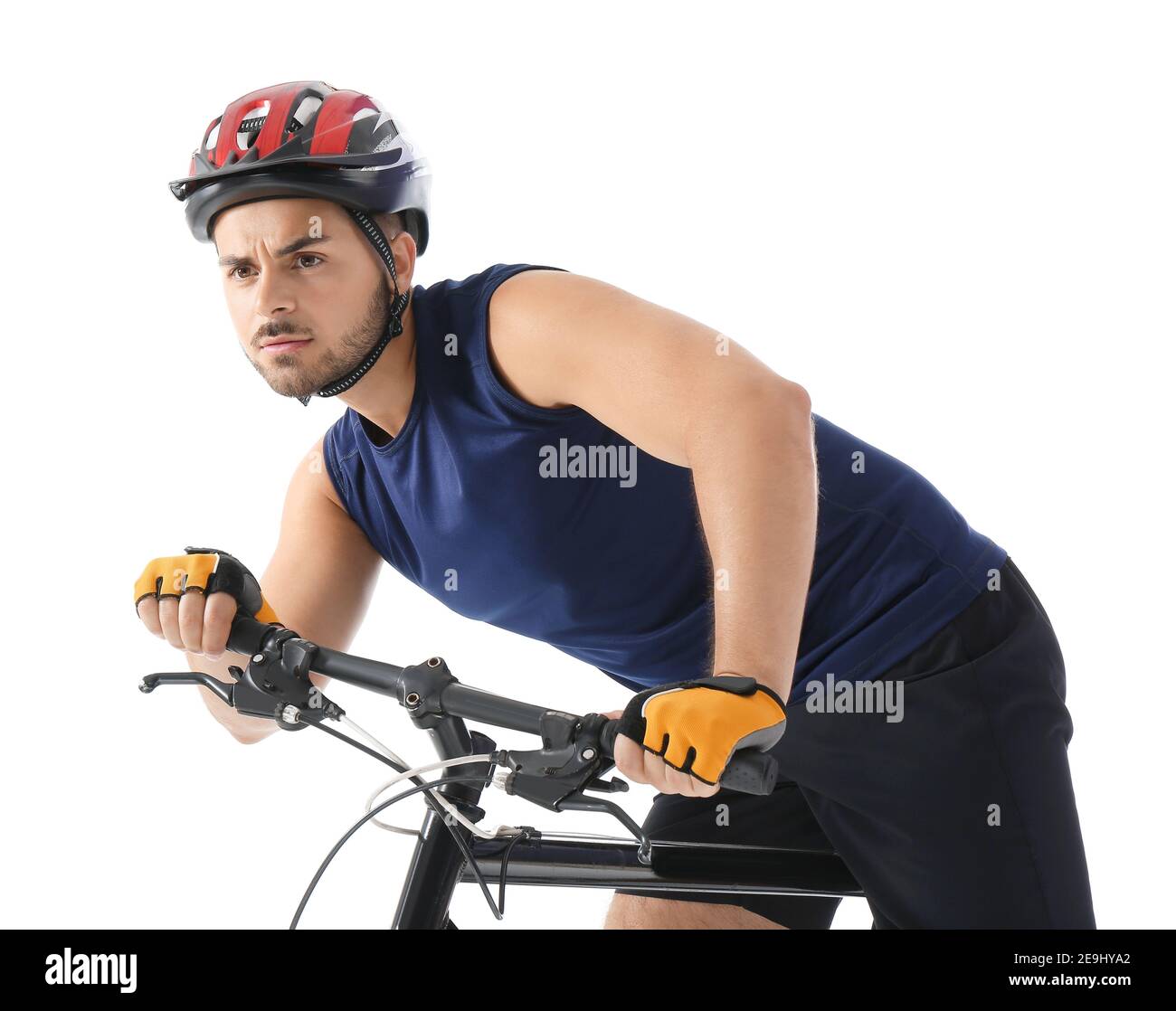 Male cyclist riding bicycle on white background Stock Photo - Alamy