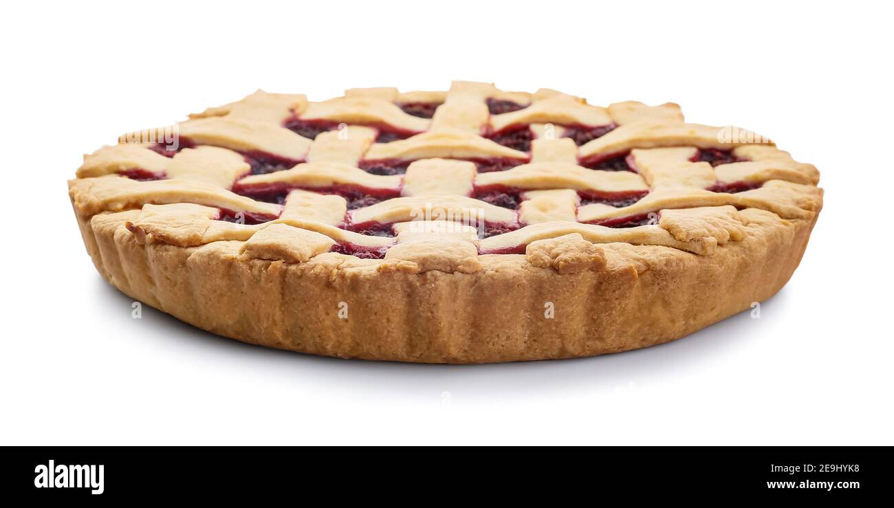 Tasty raspberry pie on white background Stock Photo - Alamy