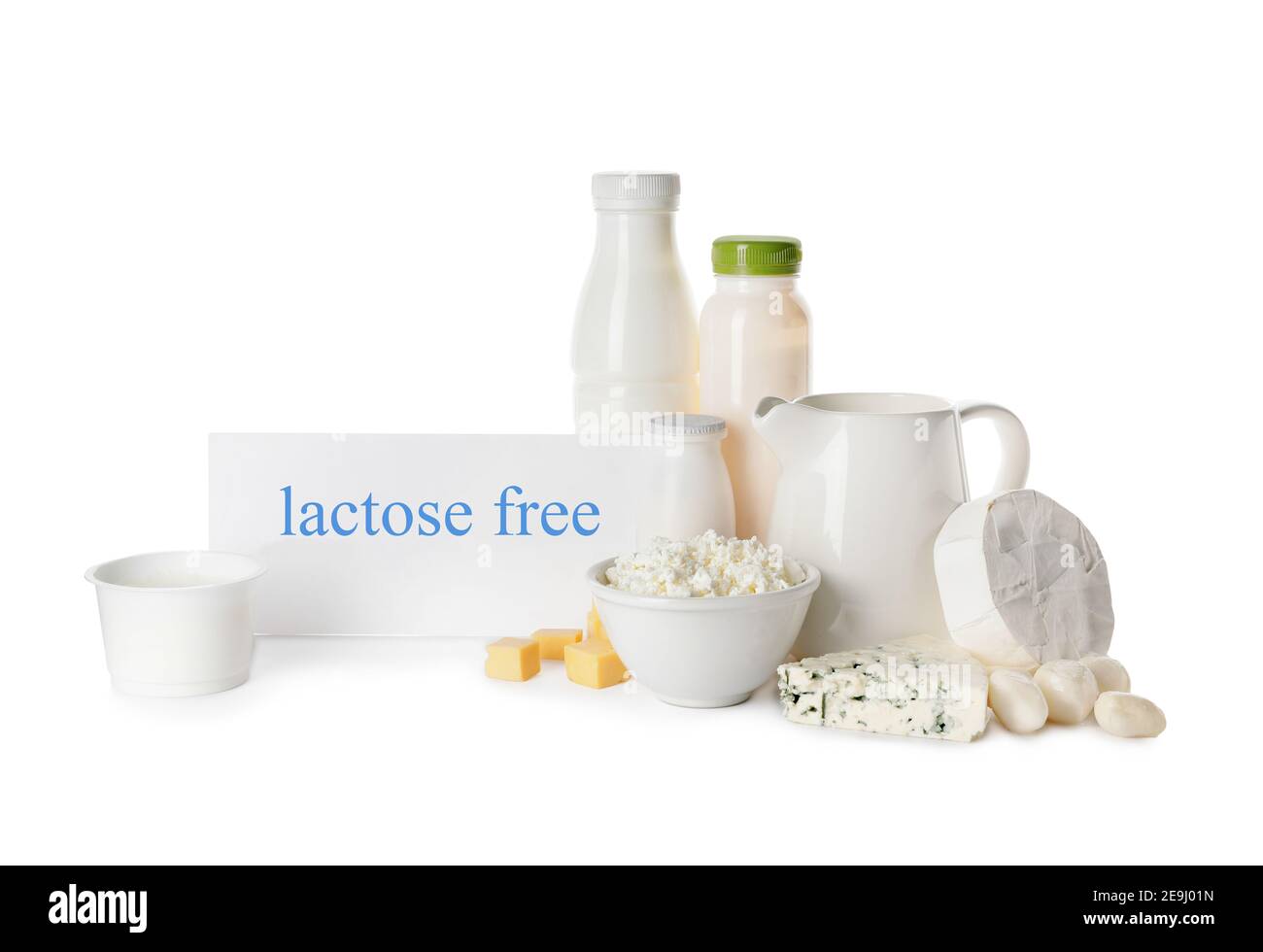 Different dairy products without lactose on white background Stock ...