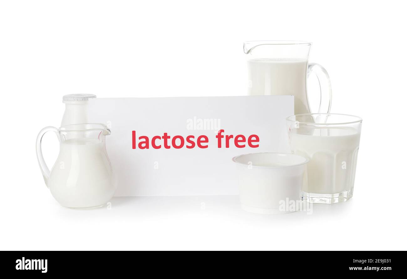 Different dairy products without lactose on white background Stock ...