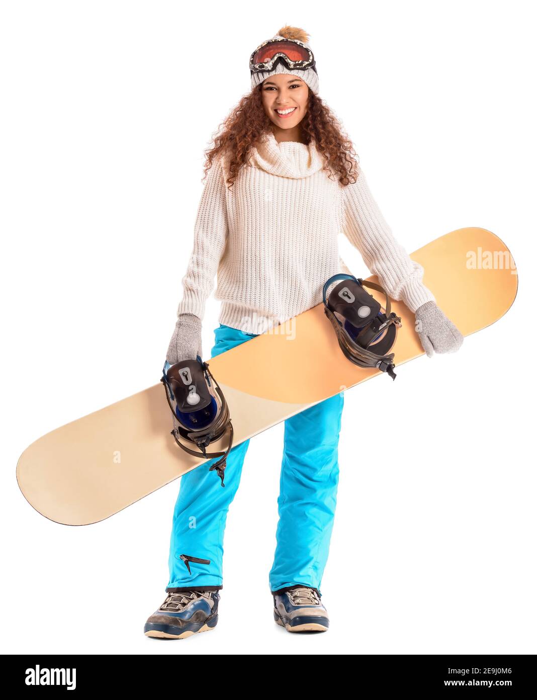 Female snowboarder on white background Stock Photo - Alamy