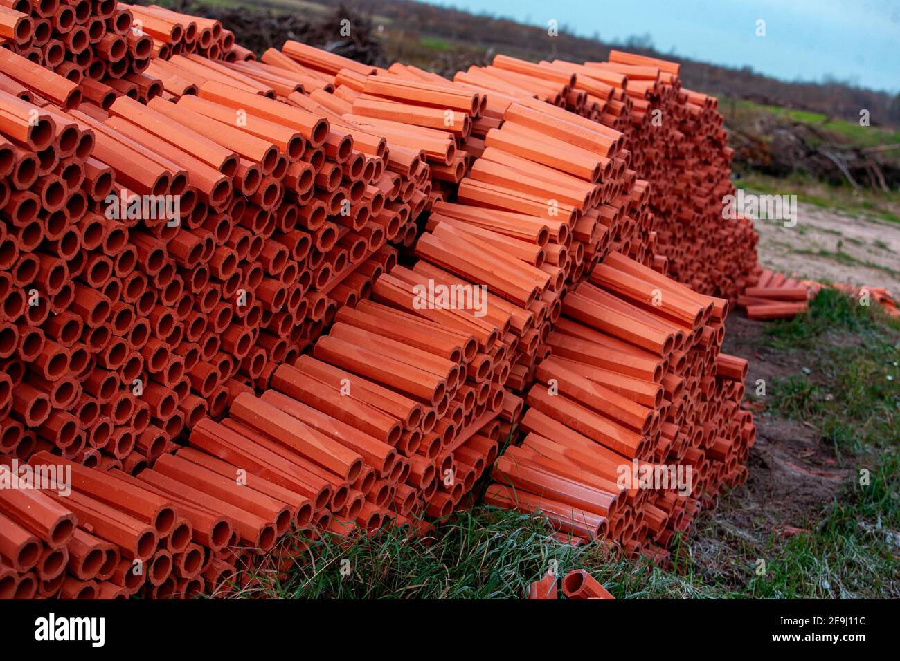 Ceramic drainage pipes of red color for the external sewerage Stock ...