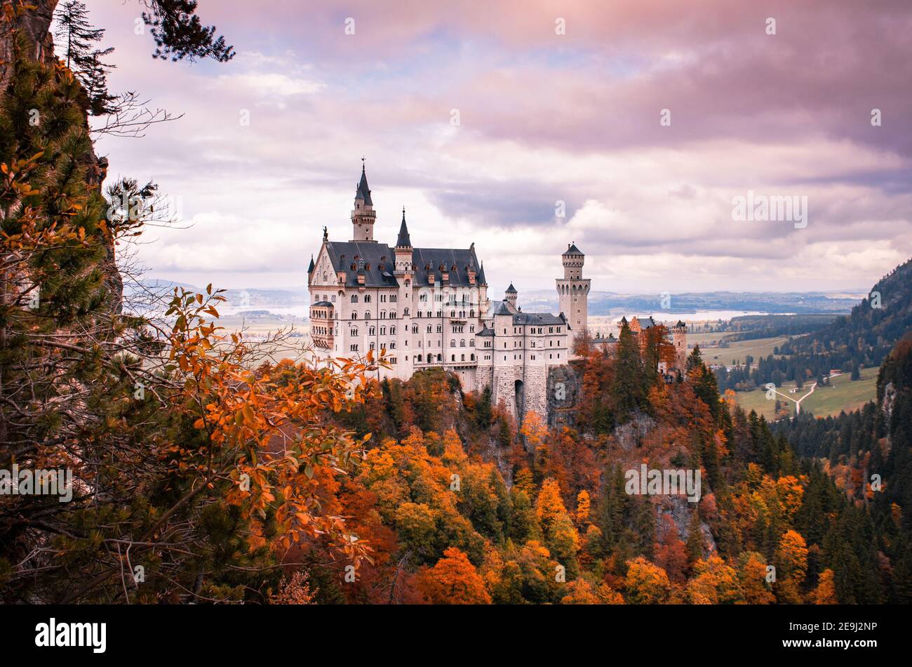 Mesmerizing view of the Neuschwanstein Castle on a hill with autumn ...