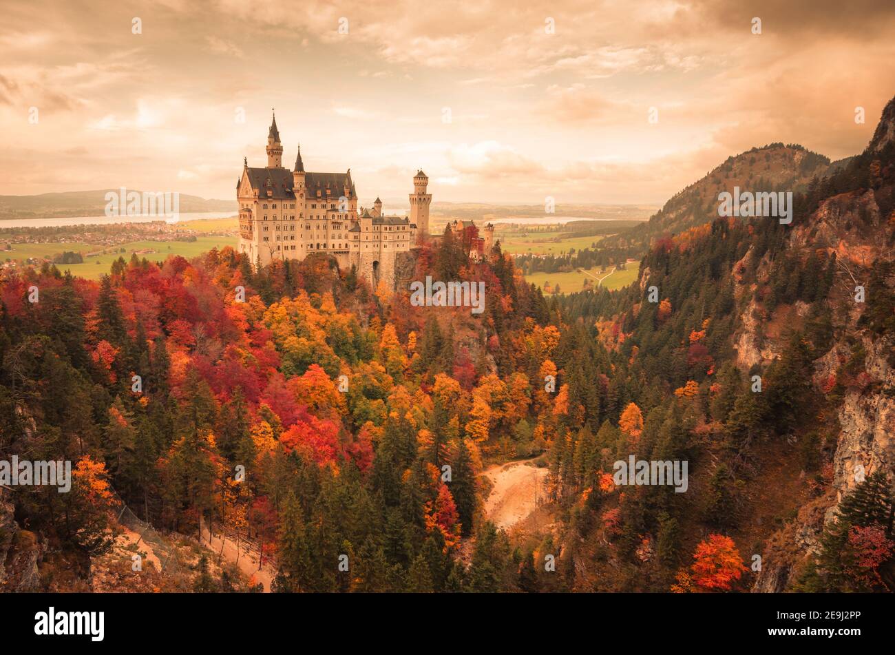 Mesmerizing view of the Neuschwanstein Castle on a hill with autumn ...