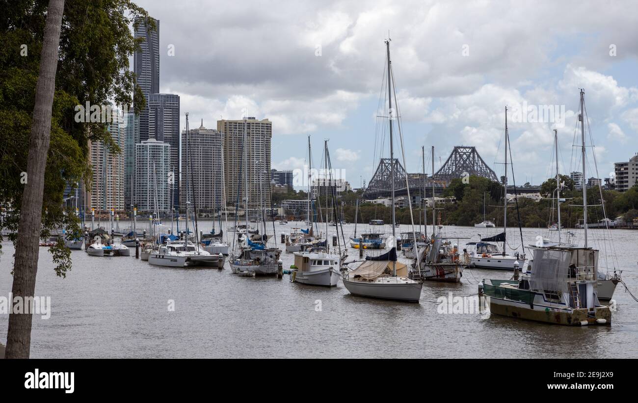 Boats moored in the Brisbane River at River Hub in Brisbane City ...