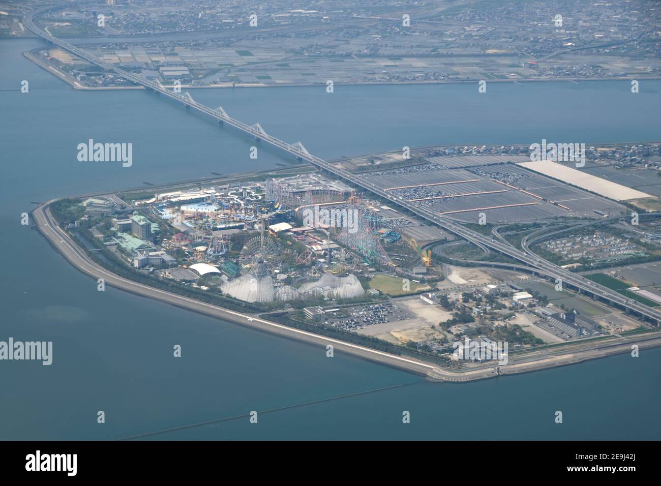 Aerial view of Nagashima Spa Land located between Ibi River and Kiso ...