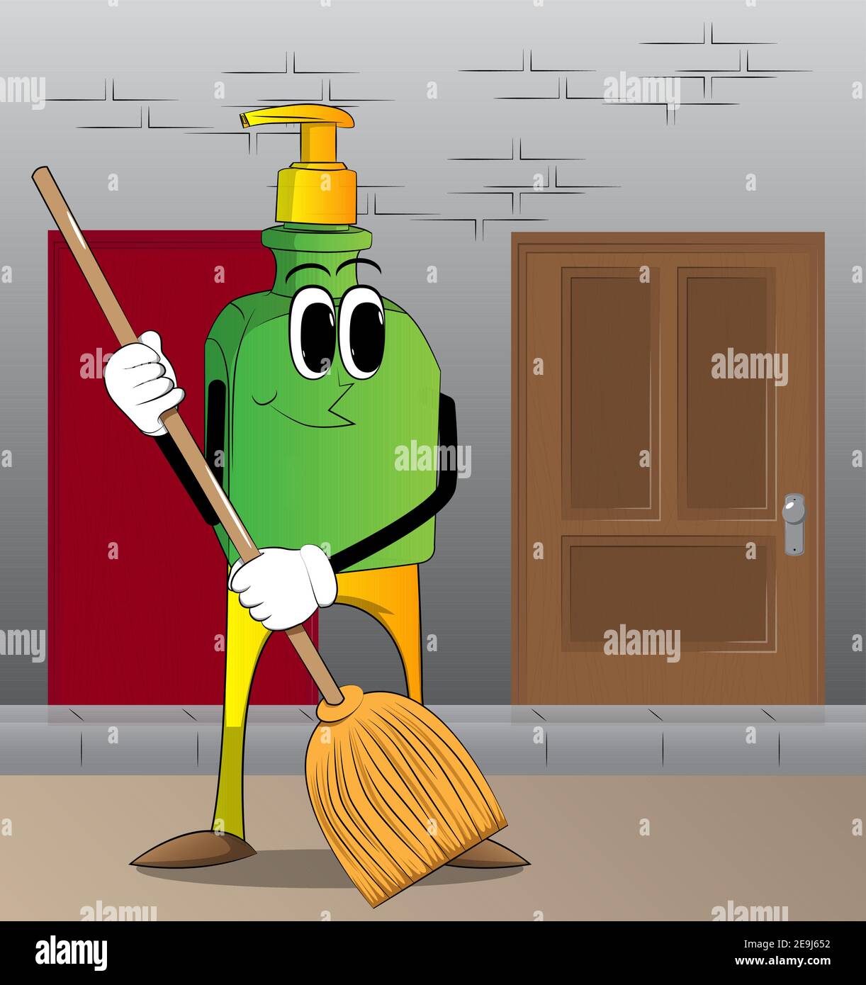 Cartoon bottle of hand sanitizer gel for hygiene with face holding a ...