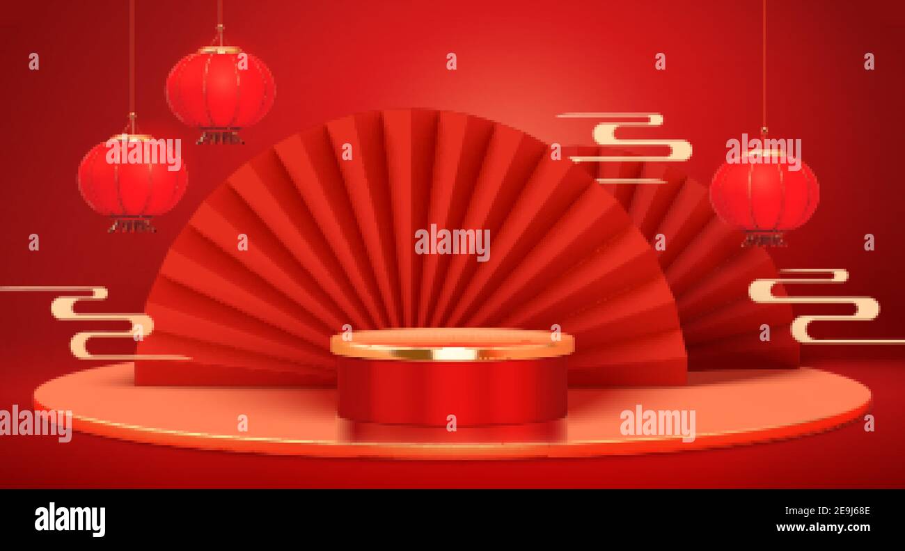 Attractive CNY oriental style red background with paper fan and round ...