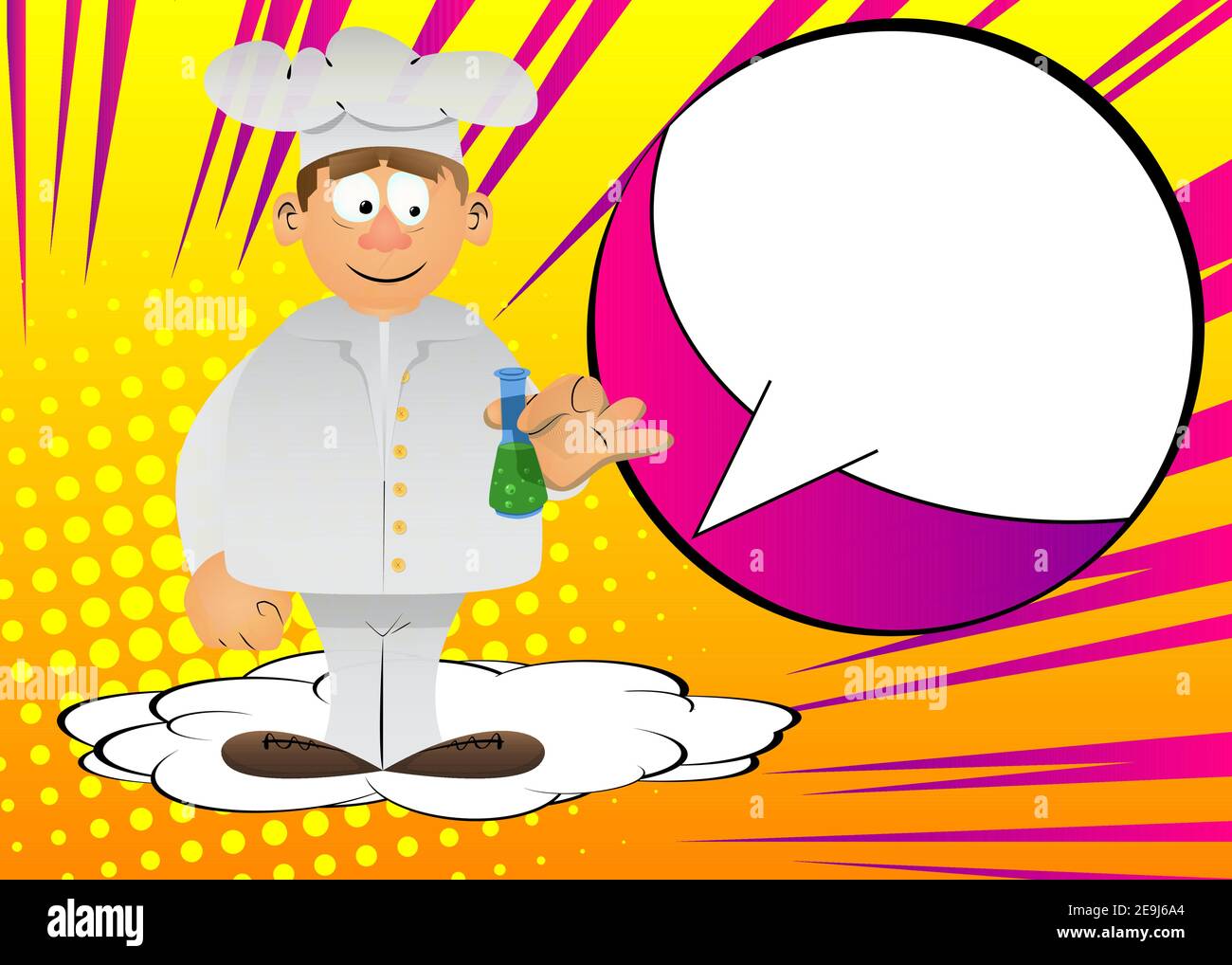 Fat male cartoon chef in uniform holding a test tube. Vector ...