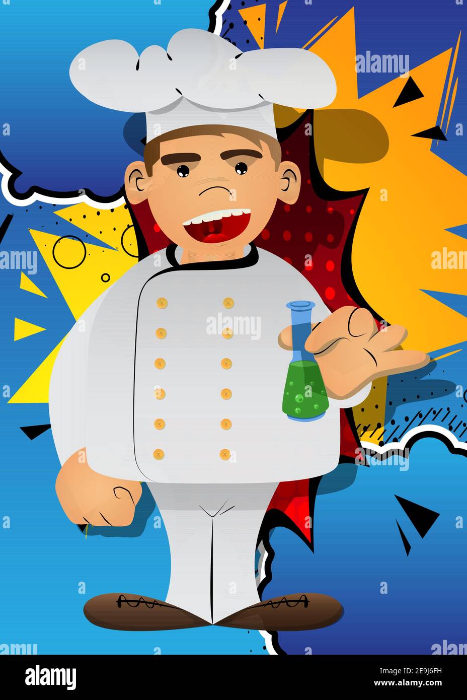 Fat male cartoon chef in uniform holding a test tube. Vector ...