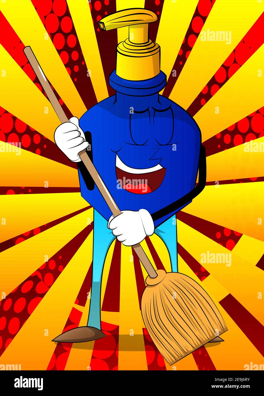 Cartoon bottle of hand sanitizer gel for hygiene with face holding a ...