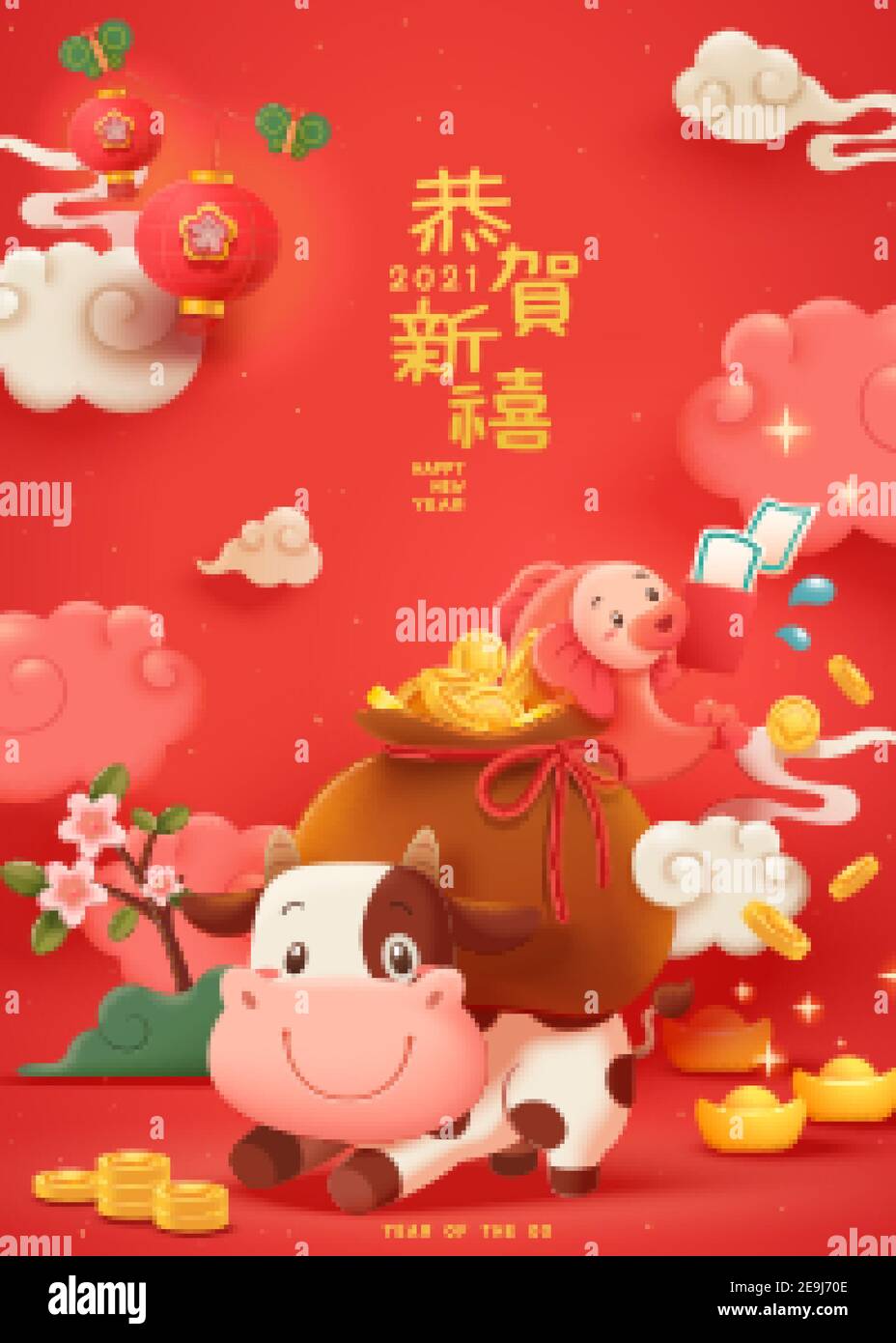 Lovely cartoon cow carrying a bag of money for CNY, Happy new year ...