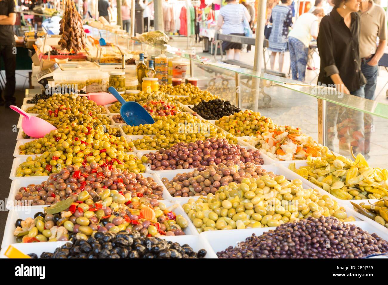 Paris, France Olives at Marche de la Bastille, a large outdoor market ...
