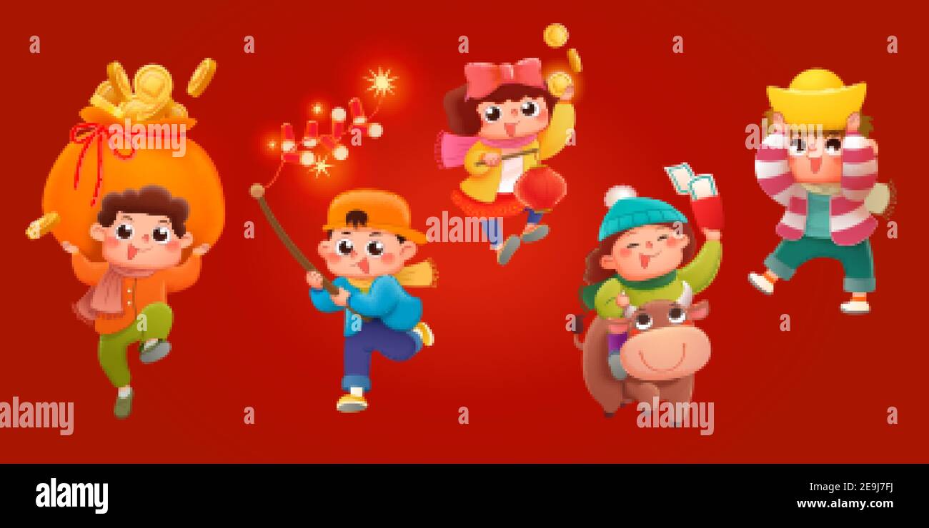 CNY cute kids playing together isolated on red banner Stock Vector ...