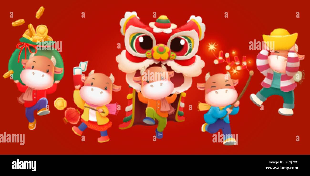 CNY cute cow characters playing together isolated on red banner Stock ...