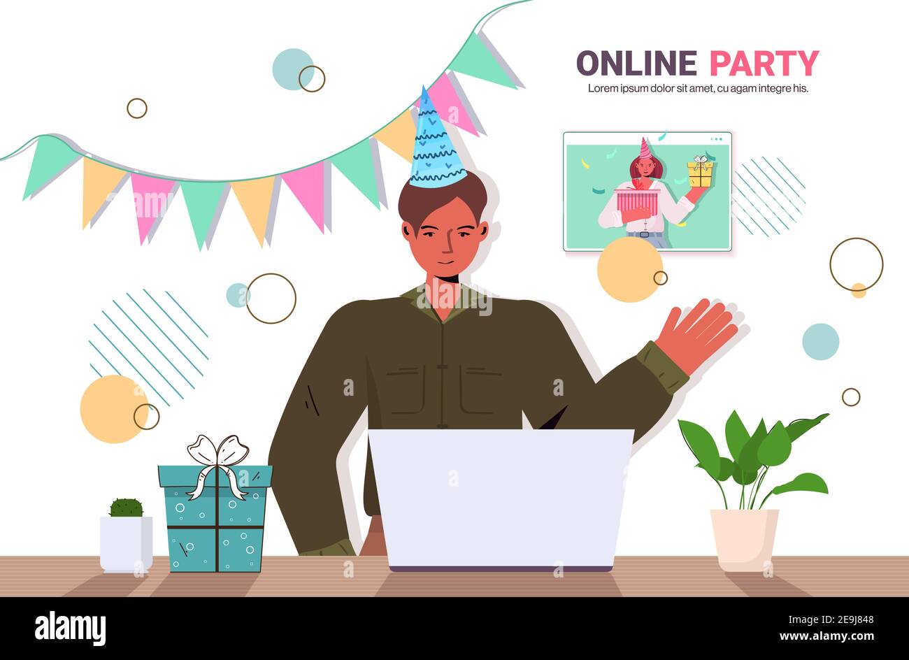 man in festive hat celebrating online birthday party during video call ...