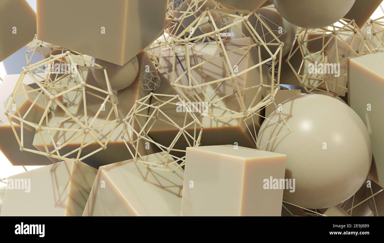 Abstract art of cubes, spheres and wireframe objects Stock Photo - Alamy