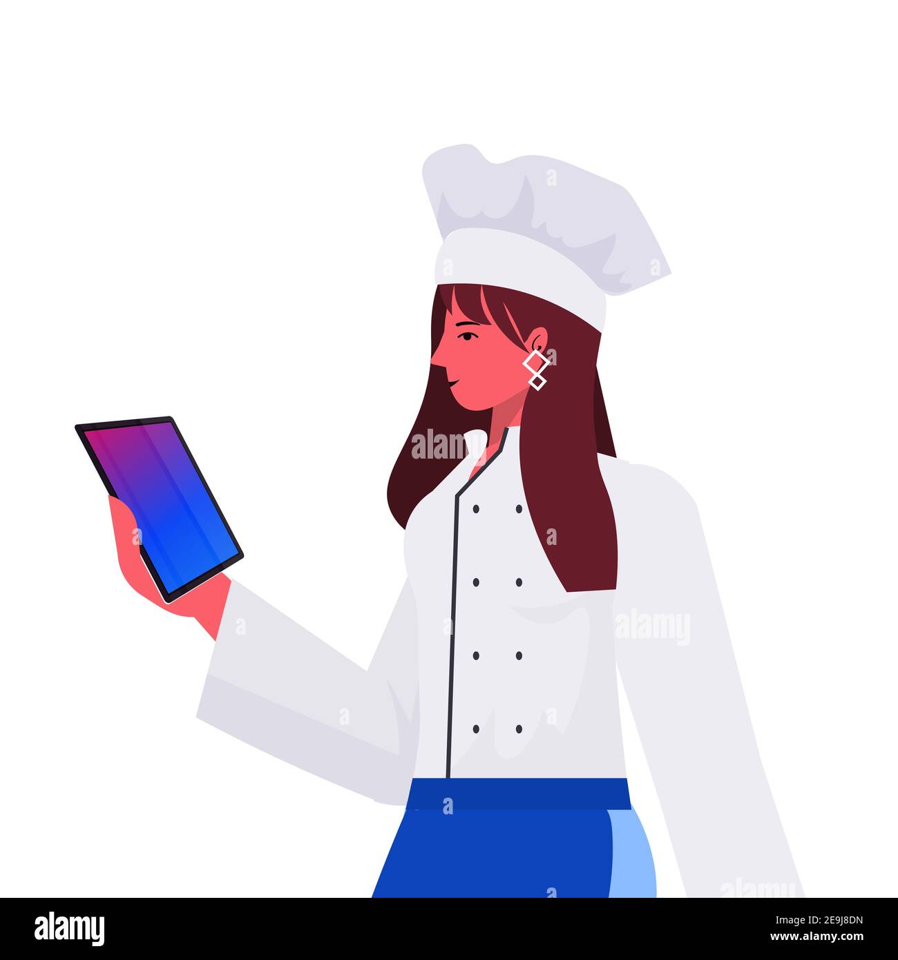 female cook in uniform woman chef using tablet pc cooking food industry ...