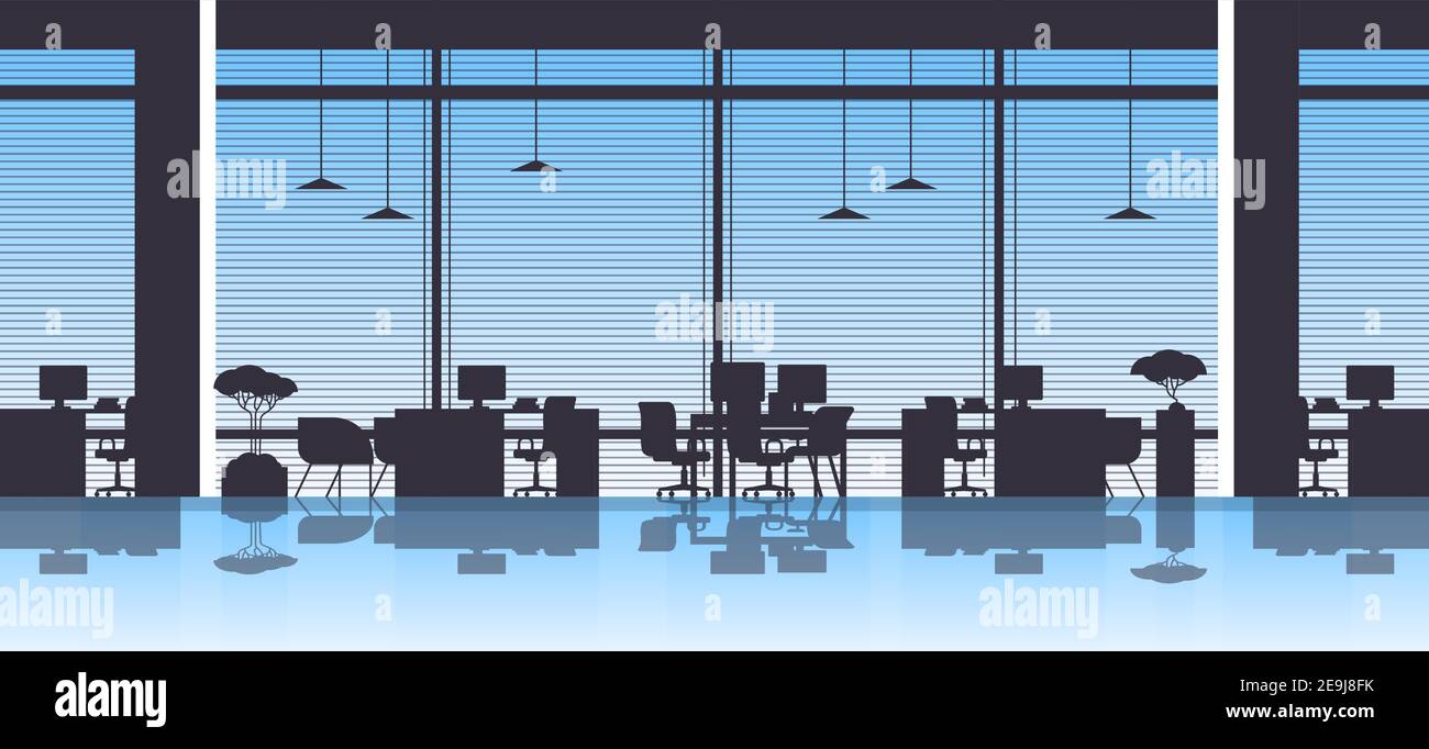 empty workplace office desks with desktop computers no people open ...