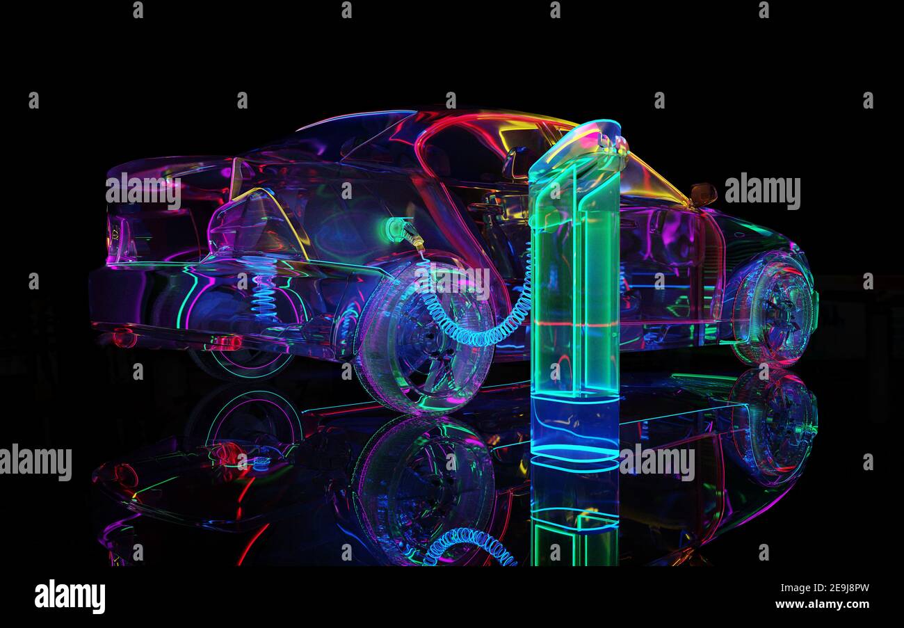 Charging modern electic car. Glass car with neon lighting Stock Photo ...