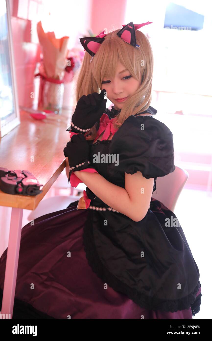Japan anime cosplay , portrait of girl cosplay in pink room background ...
