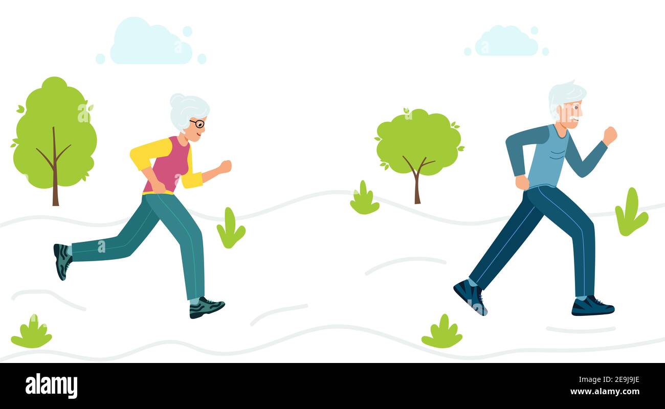 Older people play sports. Grandmother and grandfather run in park ...