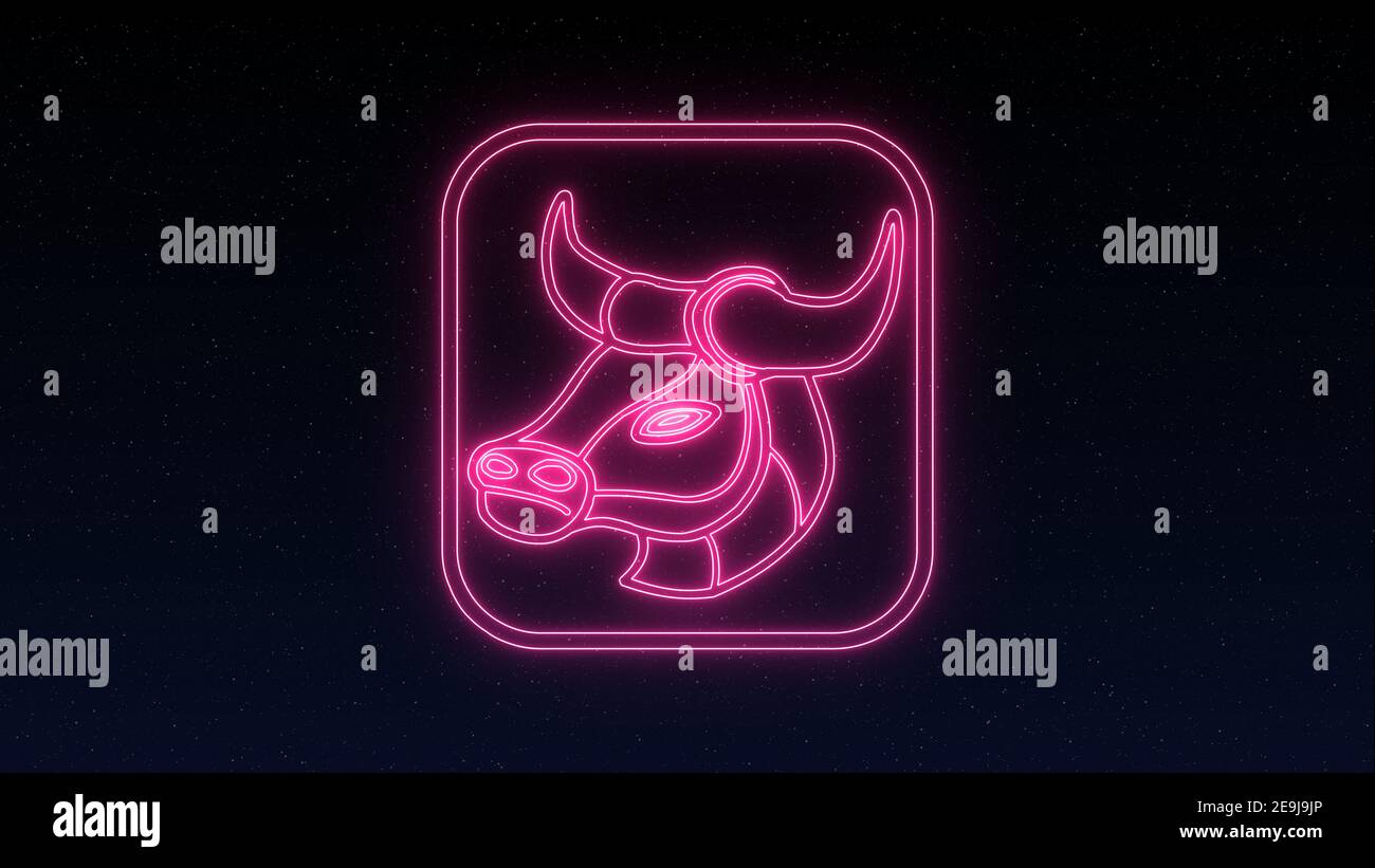 The Taurus zodiac symbol, horoscope sign in neon style on night star ...