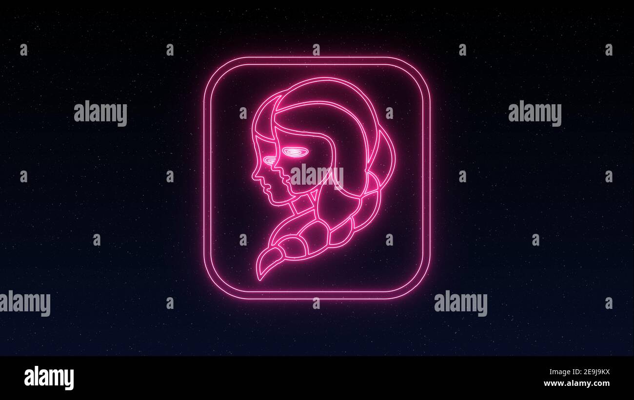 The Gemini zodiac symbol, horoscope sign in neon style on night star ...