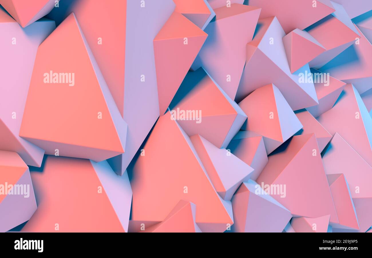 Abstract background with 3D shapes flying in pink and blue light as a ...