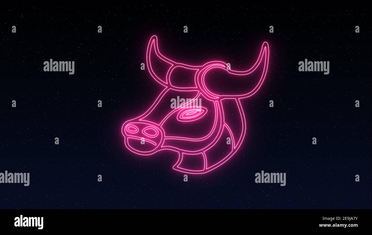 The Taurus zodiac symbol, horoscope sign in neon style on night star ...