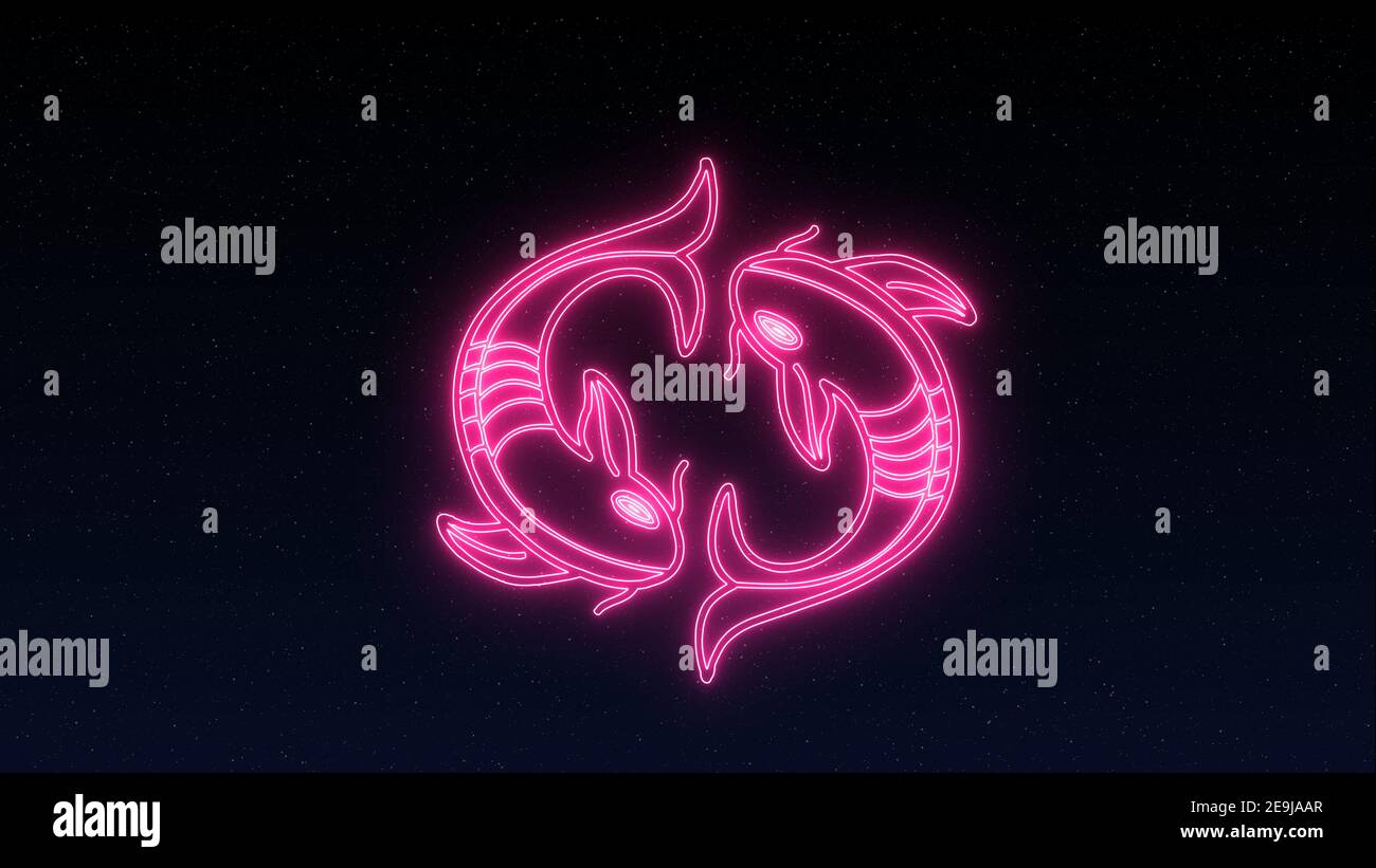 The Pisces zodiac symbol, horoscope sign in neon style on night star ...