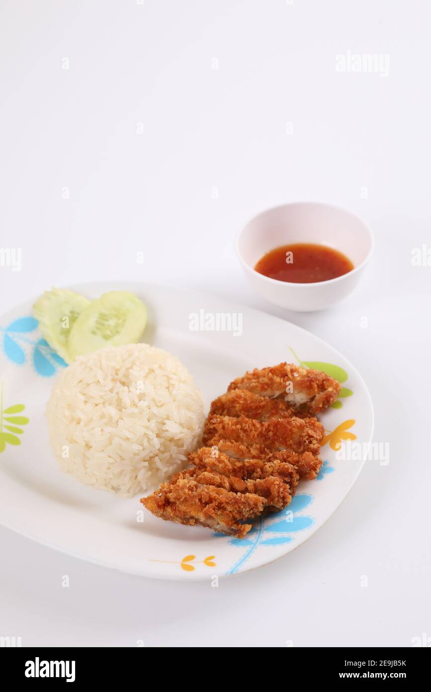 Thai food gourmet fried chicken with rice , khao mun kai in wood ...