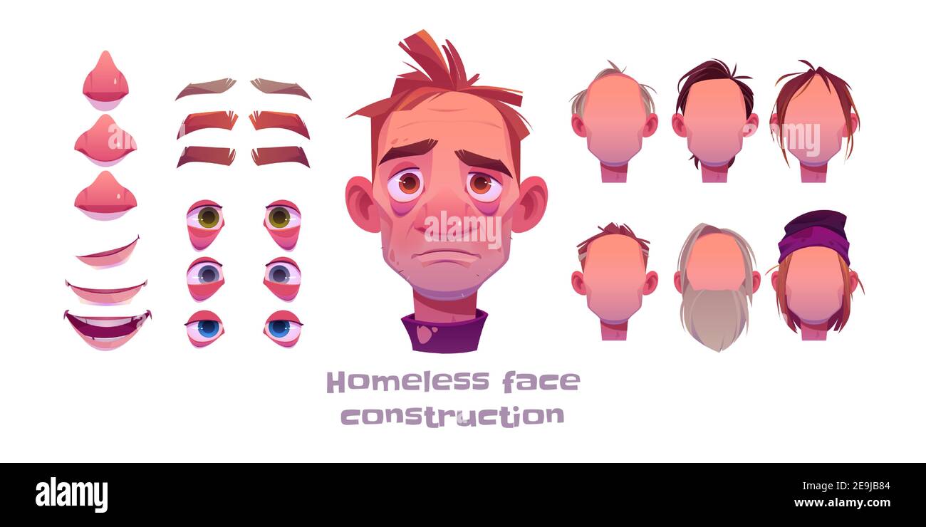 Homeless man face construction, avatar creation with different head ...