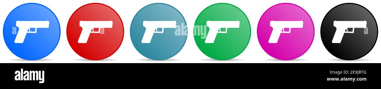 Pistol, gun, weapon vector icons, set of circle gradient buttons in 6 colors options for ...