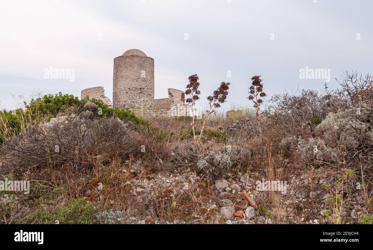 Old ruined stone windmill on the rock. Bonifacio, Corsica island ...