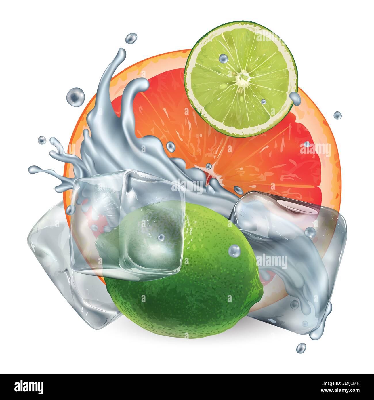 Grapefruit and lime with ice cubes and water splash Stock Photo - Alamy