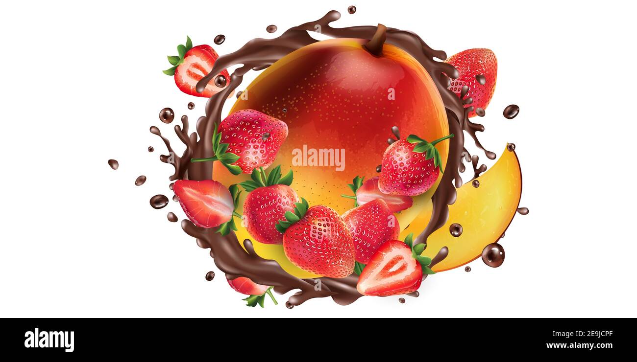 Fresh mango with strawberries in a chocolate splash Stock Photo - Alamy