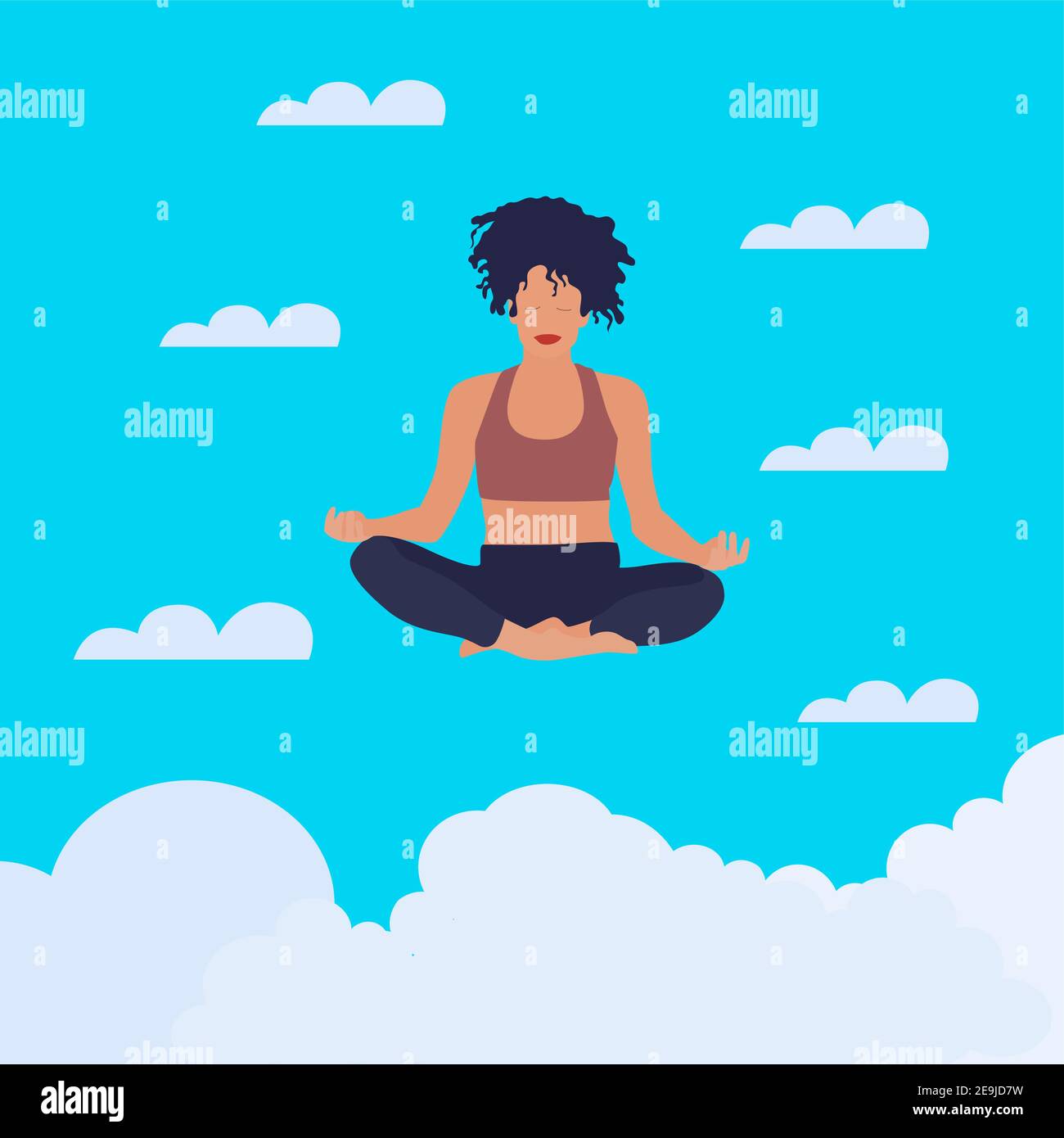 Woman meditates and soar in cloudy sky. Vector meditation exercise in ...