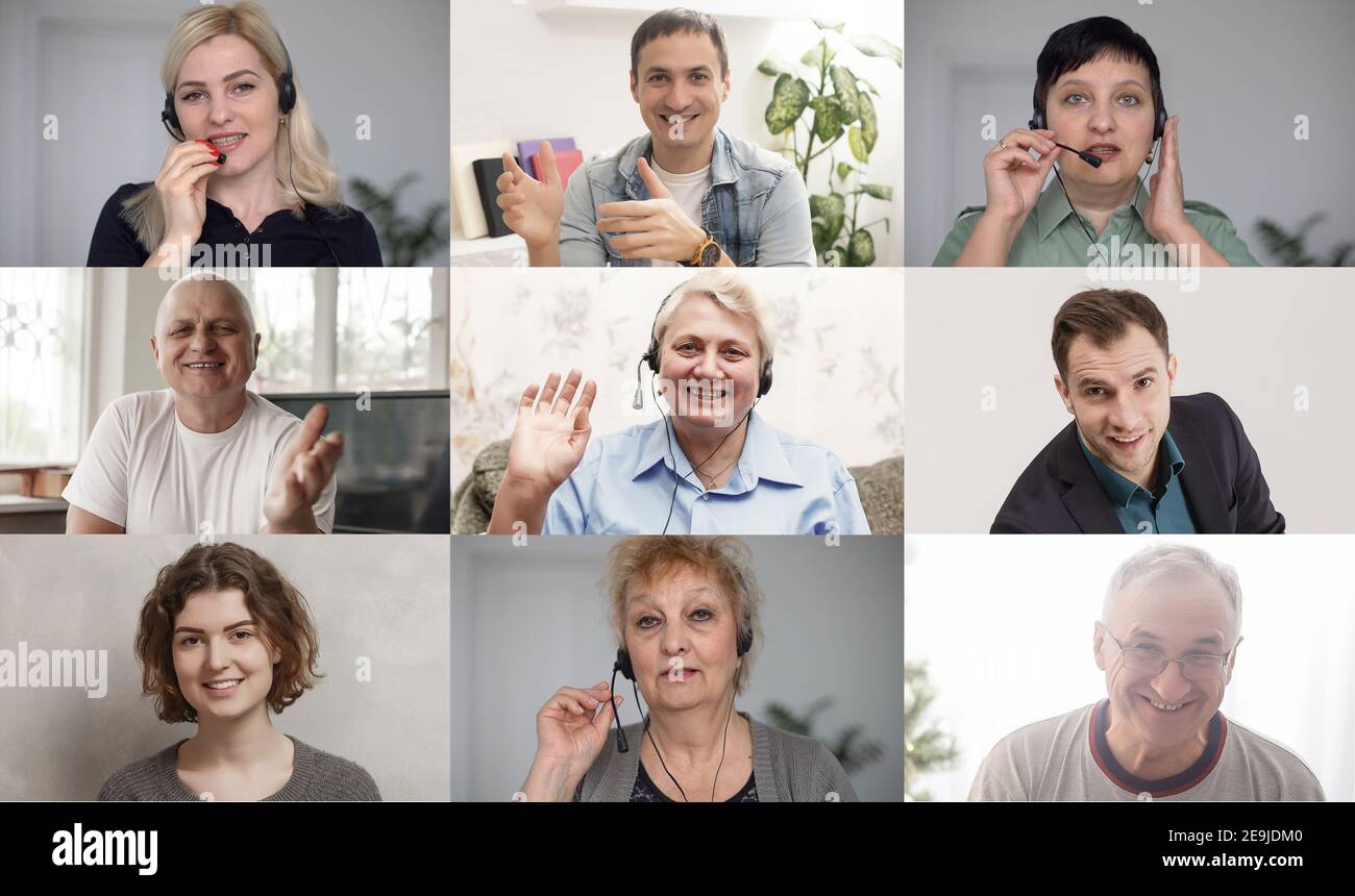 Many portraits faces of diverse young and aged people webcam view ...