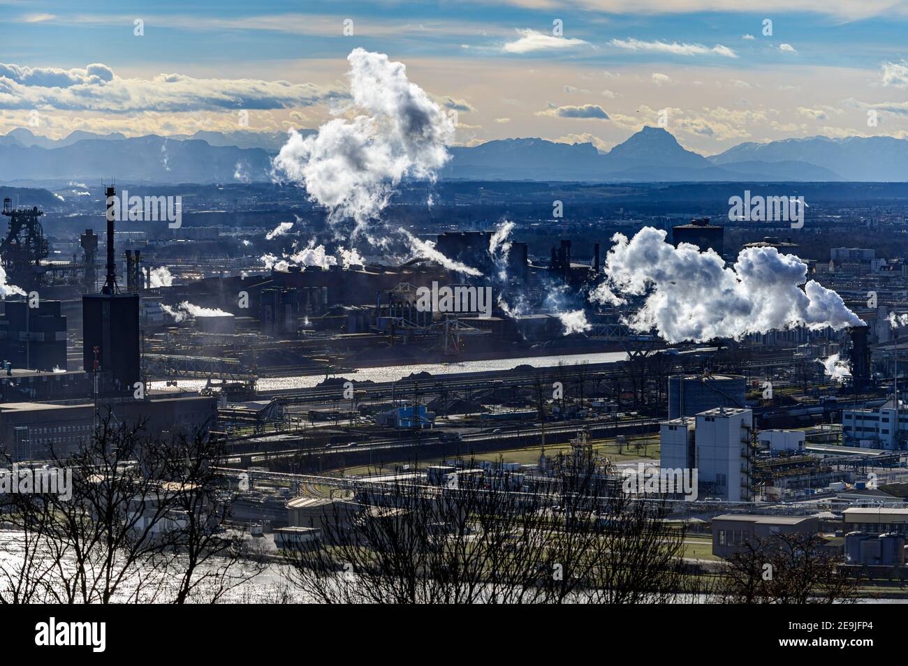 view from mountain pfenningberg to the industrial complex voest in linz ...