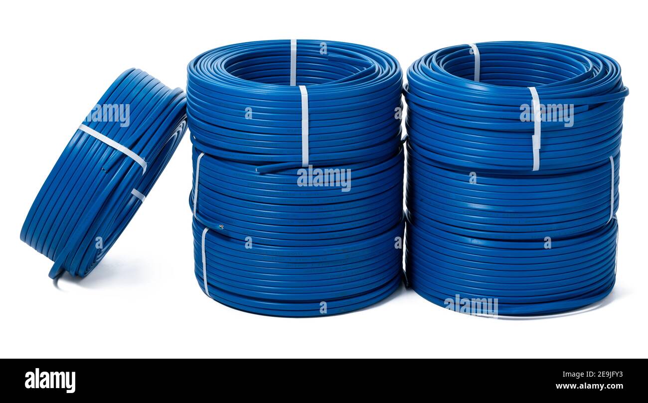 coils of blue cable isolated on white background Stock Photo - Alamy