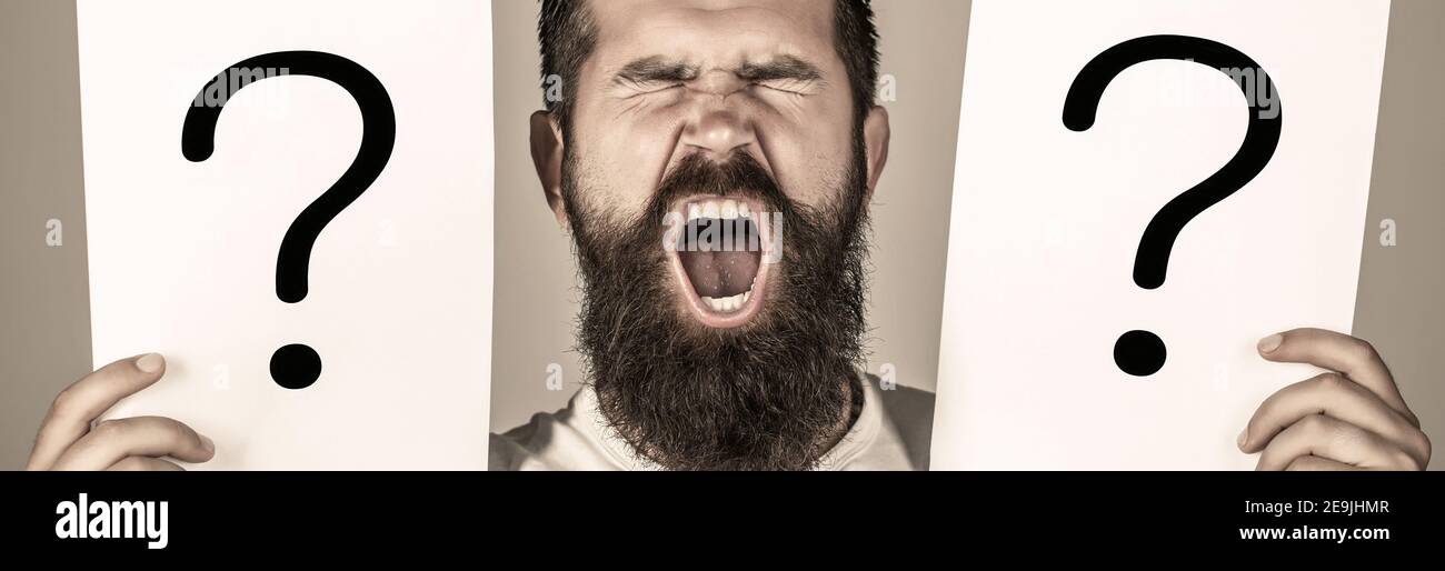 Question mark, symbol. Man screaming, emotion. Man question. Male with ...