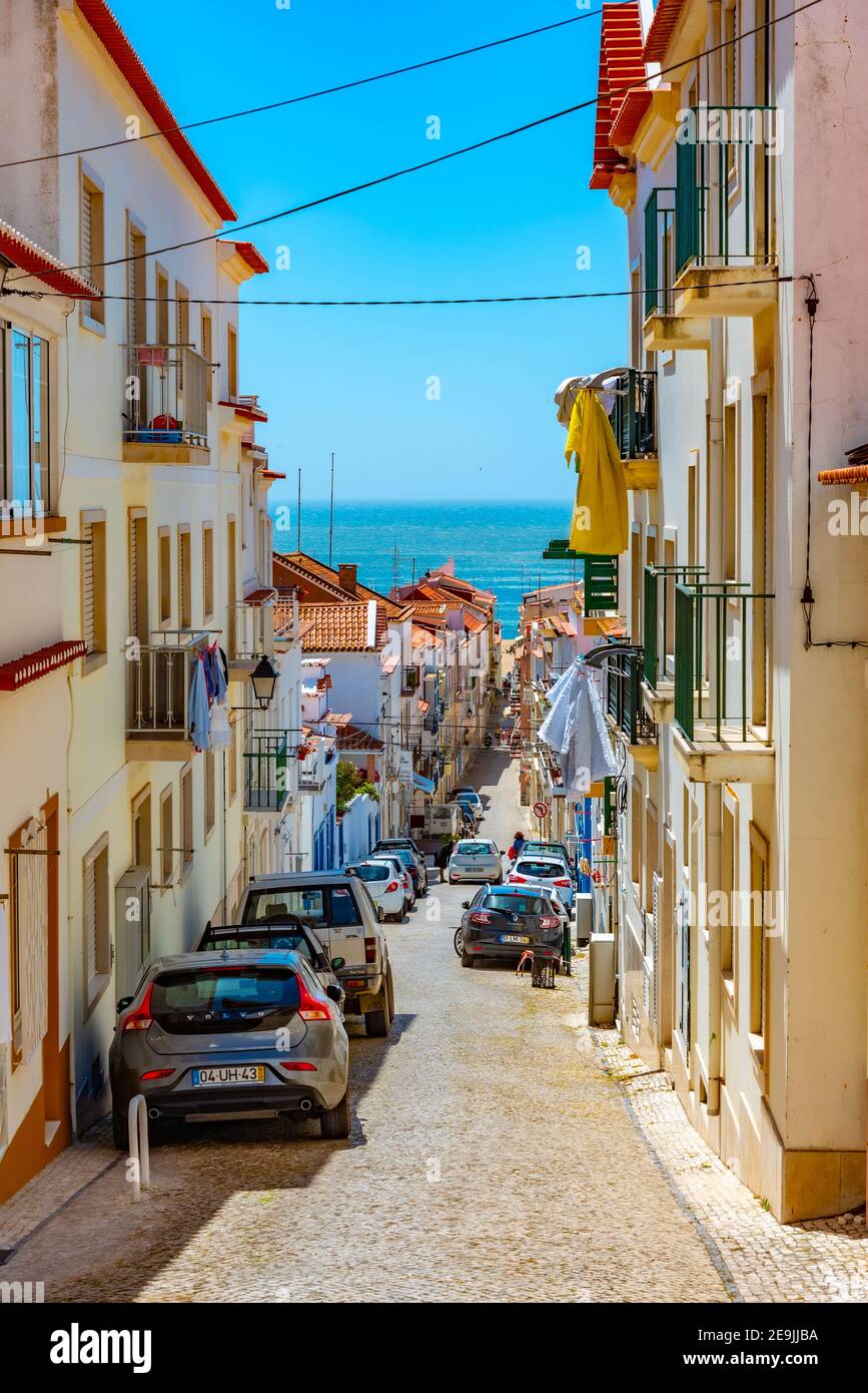 View of a narrow street in Nazare, Portugal Stock Photo - Alamy